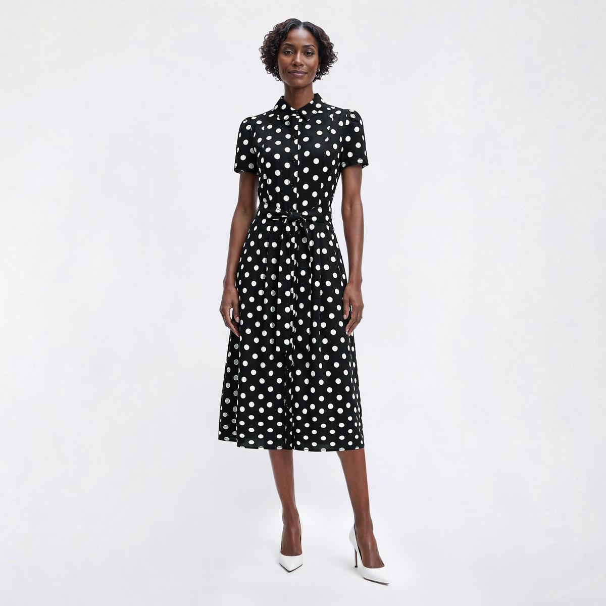 Click here for Womens Kasper Short Puff Sleeve Dot Midi Shirtdres... prices